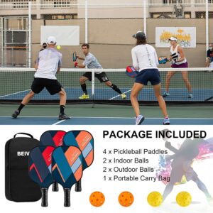 BEIVES Pickleball Paddles, Fiberglass Surface Pickleball Paddles Set of 4, Pickleball Set with 4 Pickleball Rackets, 4 Pickleball Balls, 1 Pickleball Bag, Pickle Ball Paddle Set ​for Men Women