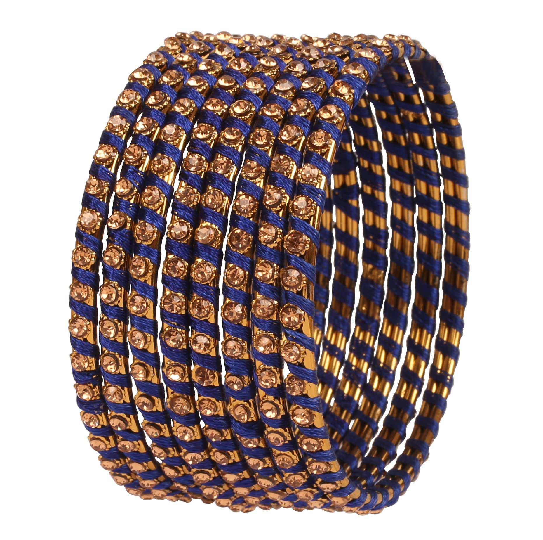 Touchstone New Silk Thread Bangle Collection Indian Bollywood Hand Woven Silk Thread Royal Blue Color Rhinestone Designer Jewelry Special Large Size Bracelets Bangle Set of 8 for Women.