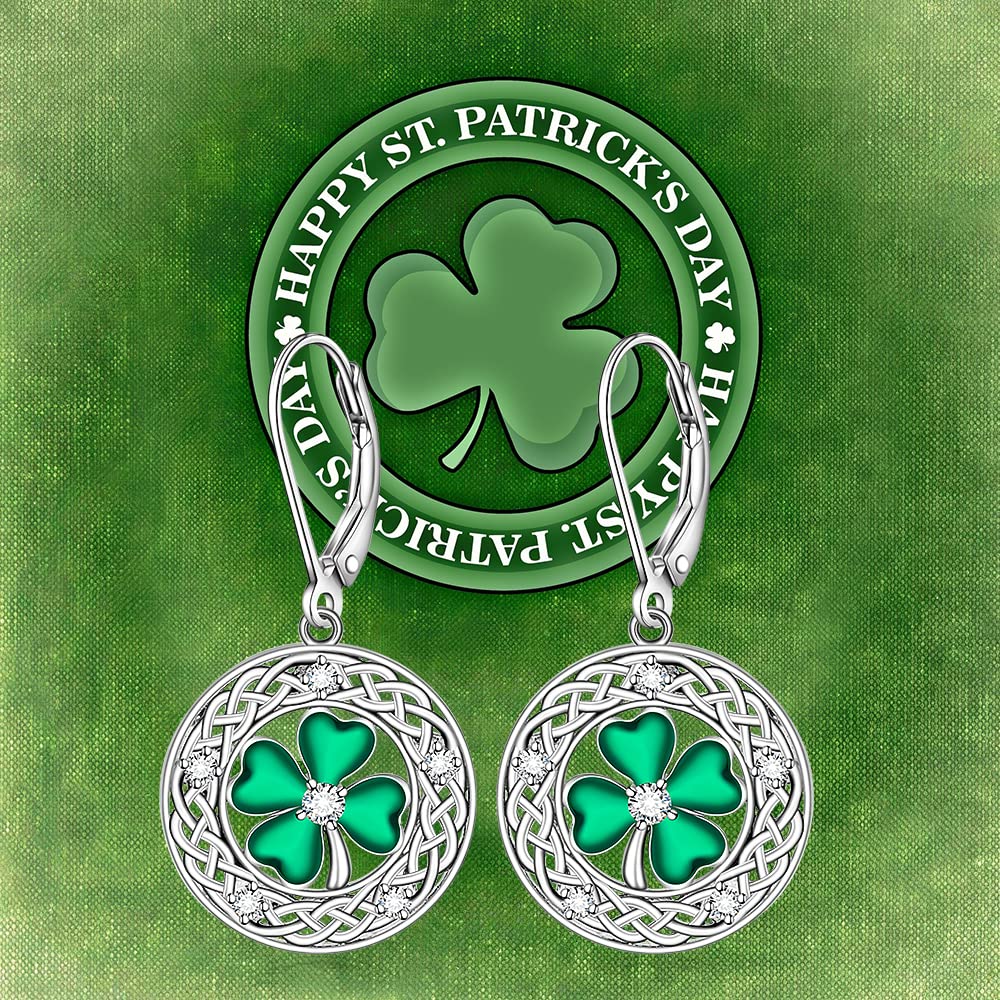 Celtic Knot Shamrock Earrings for Women Irish Leverback Drop Four Leaf Clover St Patricks Day Earrings Sterling Silver Green Dangle Valentines Day Gifts