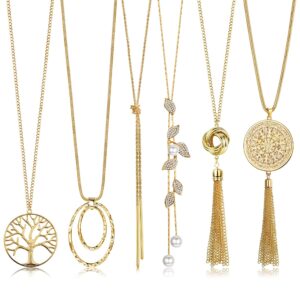 haiaiso 6pcs long necklaces for women tassel pendant necklace circle knot bar feather leaf sweater necklace statement necklace for women