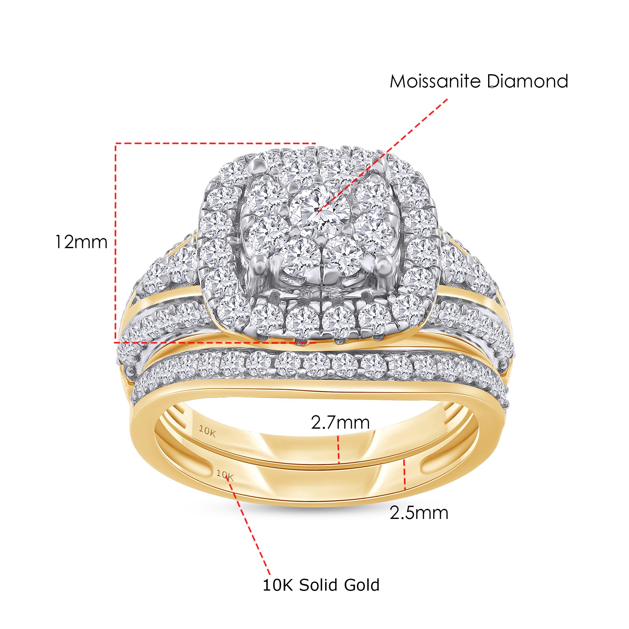 SAVEARTH DIAMONDS 1 1/4 CTTW Round Cut Lab Created Moissanite Diamond Double Halo Bridal Set Wedding Ring In 10K Solid Yellow Gold (VVS1 Clarity, 1.25 Cttw)-8