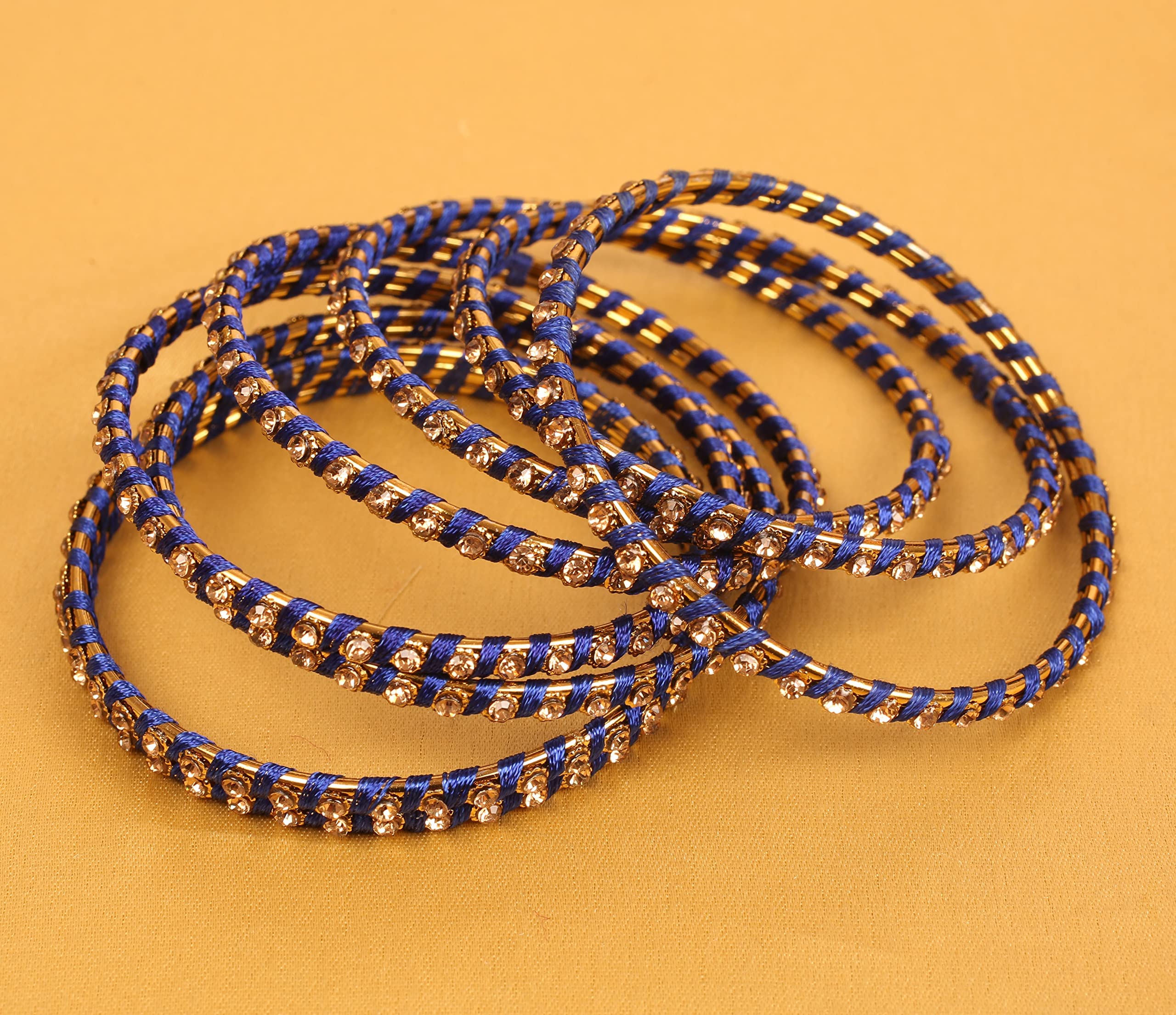 Touchstone New Silk Thread Bangle Collection Indian Bollywood Hand Woven Silk Thread Royal Blue Color Rhinestone Designer Jewelry Special Large Size Bracelets Bangle Set of 8 for Women.