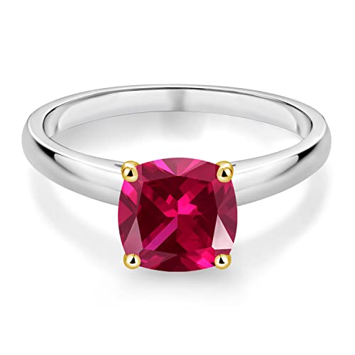 Gem Stone King 925 Sterling Silver with 10K Yellow Gold Prongs Red Created Ruby Women Ring (2.50 Cttw, Cushion 8MM, Available In Size 5, 6, 7, 8, 9)