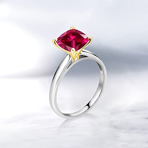 Gem Stone King 925 Sterling Silver with 10K Yellow Gold Prongs Red Created Ruby Women Ring (2.50 Cttw, Cushion 8MM, Available In Size 5, 6, 7, 8, 9)