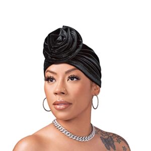 red by kiss x keyshia cole top knot turban ritzy velvet turban head wrap, pre-tied bonnet beanie cap (black)