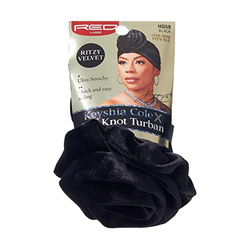 Red by Kiss X Keyshia Cole Top Knot Turban Ritzy Velvet Turban Head Wrap, Pre-Tied Bonnet Beanie Cap (Black)