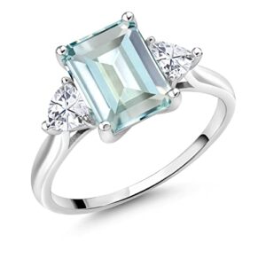 gem stone king 10k white gold sky blue simulated aquamarine and white moissanite 3 stone engagement ring for women (2.76 cttw, octagon 9x7mm, gemstone march birthstone, size 8)