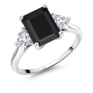 gem stone king 10k white gold black onyx and white created sapphire 3-stone engagement ring | 2.74 cttw | emerald cut 9x7mm | 3 stone wedding anniversary promise ring for women (size 8)