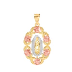 14k tri-color yellow, white & rose gold our lady of guadalupe miraculous immaculate conception catholic scalloped oval pendant