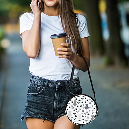 Cat With Paw Prints Crossbody Bag for Women Teen Girls Round Canvas Shoulder Bag Purse Tote Handbag Bag