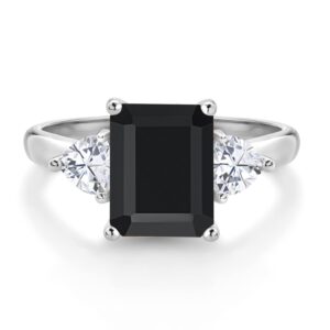 gem stone king 10k white gold black onyx and white moissanite 3-stone engagement ring | 2.56 cttw | emerald cut 9x7mm | 3 stone wedding anniversary promise ring for women (size 7)