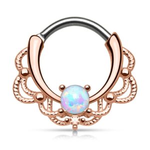 1 pc rose gold plated lacey single white opal septum clicker nose ring 16g