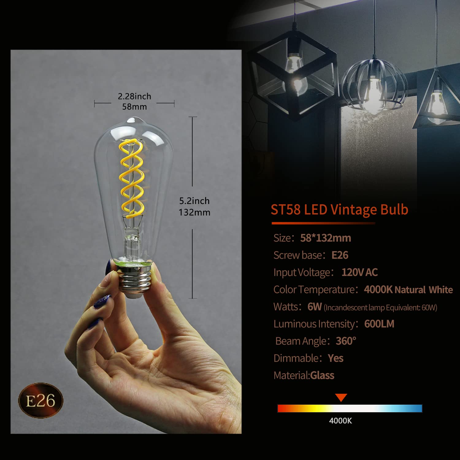 Kiraralite ST19(ST58) LED Edison Bulb, Vintage,6 Pack,Natural White 4000K, Antique Flexible Spiral LED Filament Light Bulb, Dimmable, 600LM, 6W Equivalent to 60W, E26 Base,Clear Glass