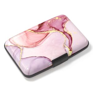 atufsuat credit card holder, mini aluminum card wallet rfid blocking slim metal hard card case for women men, pink marble