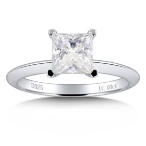 ladylike princess cut moissanite engagement ring for women, 1ct sterling silver solitaire engagement ring, 18k white gold plated d color vvs1 lab created diamond rings, size 7