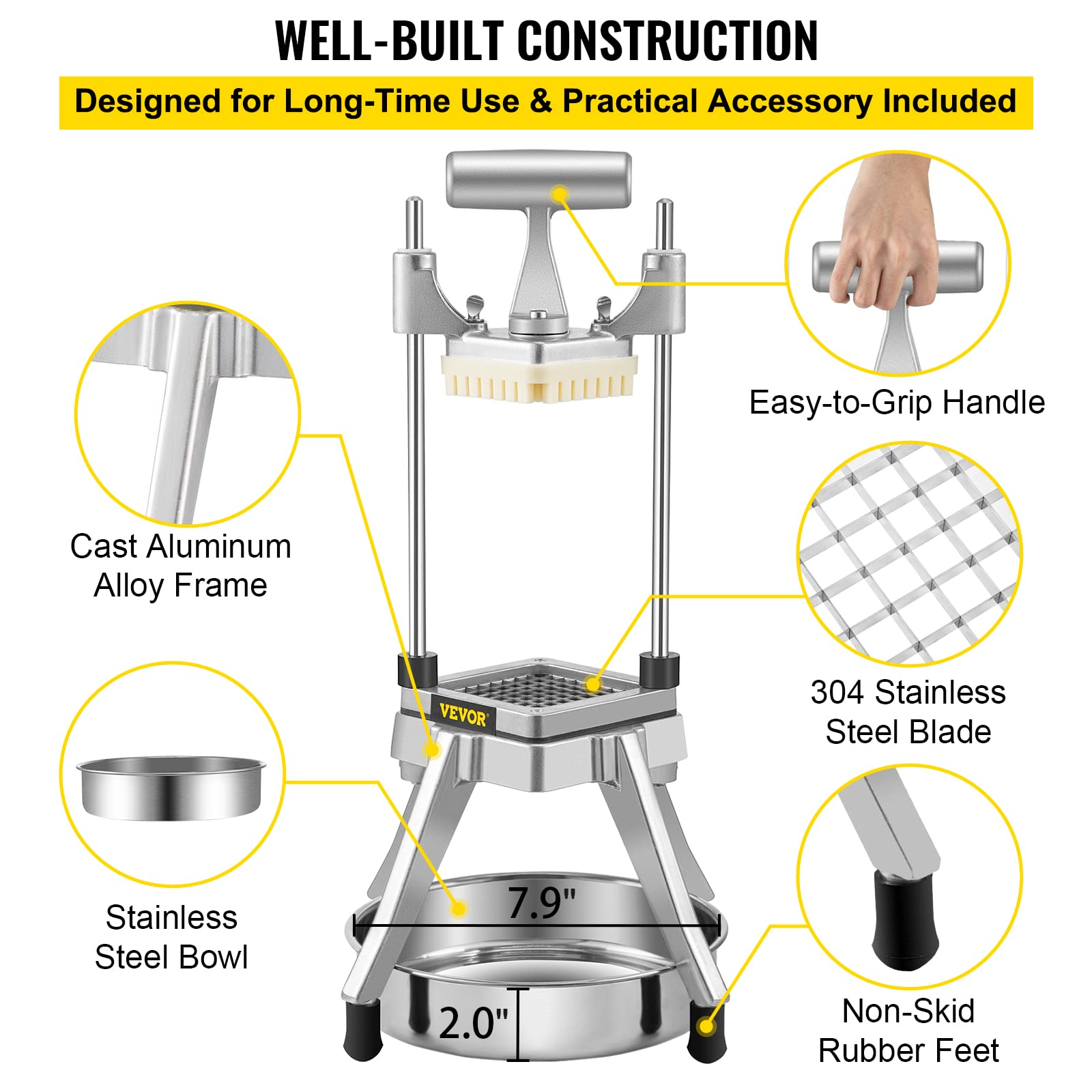 VEVOR Commercial Vegetable Fruit Chopper, Stainless Steel French Fry Cutter w/ 4 Blades 1/4" 3/8" 1/2", Vegetable Chopper Dicer w/Stainless Bowl, Heavy Duty Cutter for Potato Tomato Onion Mushroom