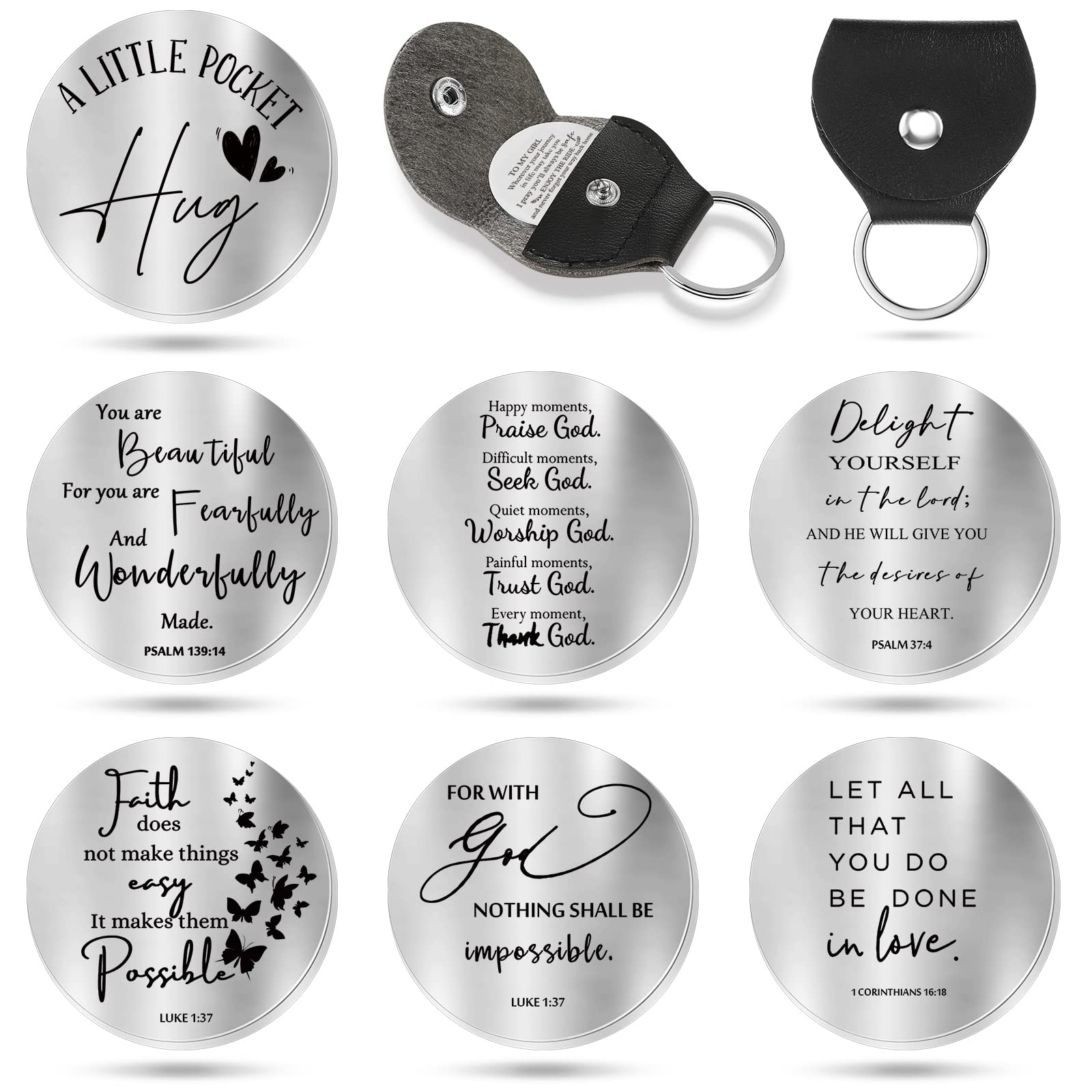 6 Pieces Inspirational Gift Hug Tokens Keepsake Christian Bible Verses Quotes Stainless Steel Coin Double Sided Silver Tokens Black PU Leather Key Chains for Family Pastor Clergy Appreciation Day