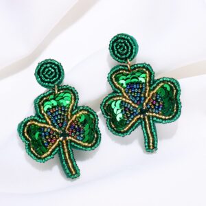 St Patrick's Day Earrings Handmade Shamrock Beaded Dangle Earrings Funny Irish Green Lucky Clover Drop Earrings for Women Holiday Party Jewelry Gifts