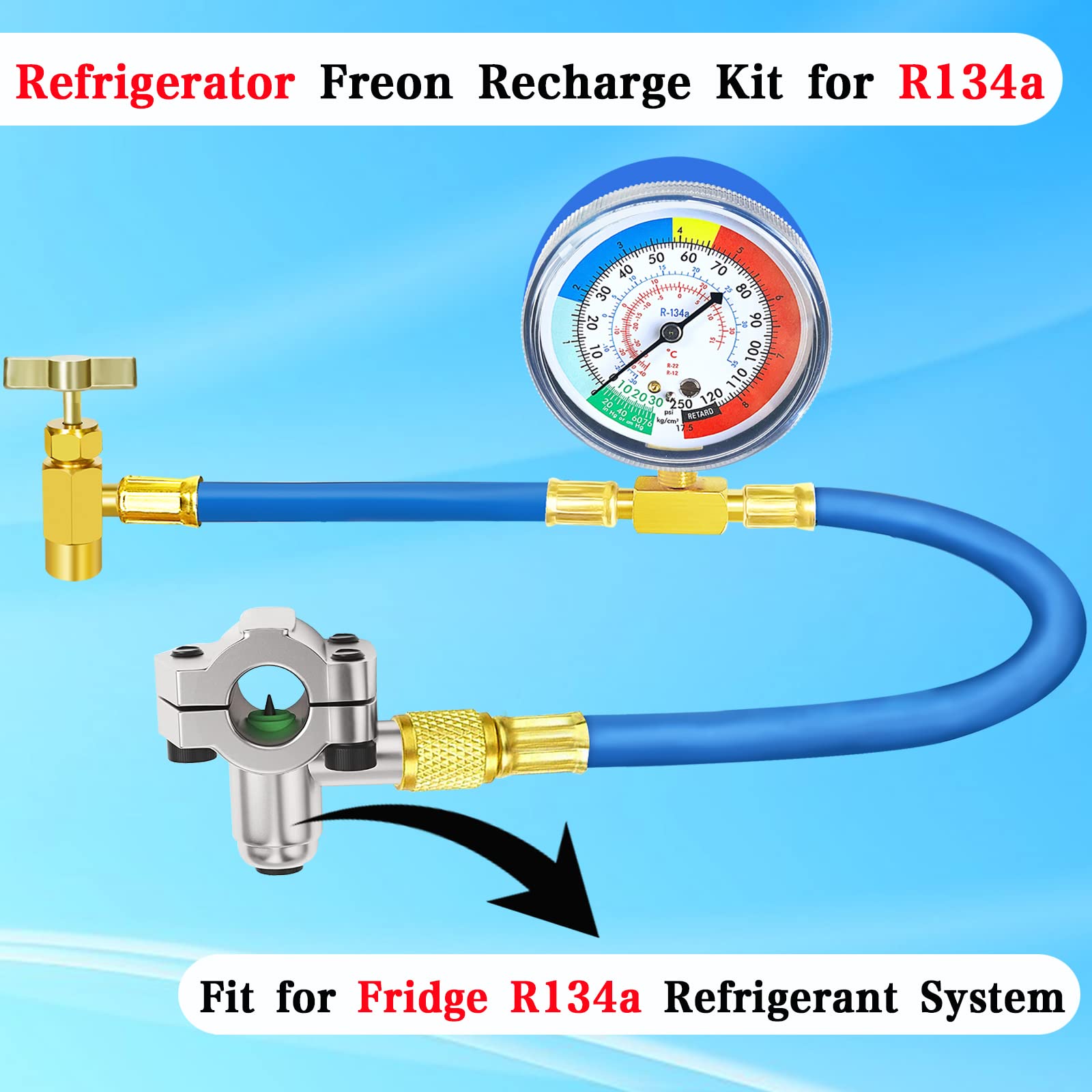 R134A Refrigerator Freon Recharge Hose Kit-R134a AC Refrigerant Charging Guage Hose Set with BPV31 Bullet Piercing Tap Valve and R134a Self-Sealing Adapter, for Home A/C Refrigerant System (Red)