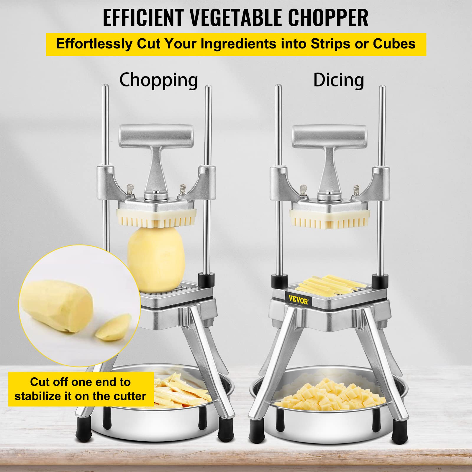 VEVOR Commercial Vegetable Fruit Chopper, Stainless Steel French Fry Cutter w/ 4 Blades 1/4" 3/8" 1/2", Vegetable Chopper Dicer w/Stainless Bowl, Heavy Duty Cutter for Potato Tomato Onion Mushroom