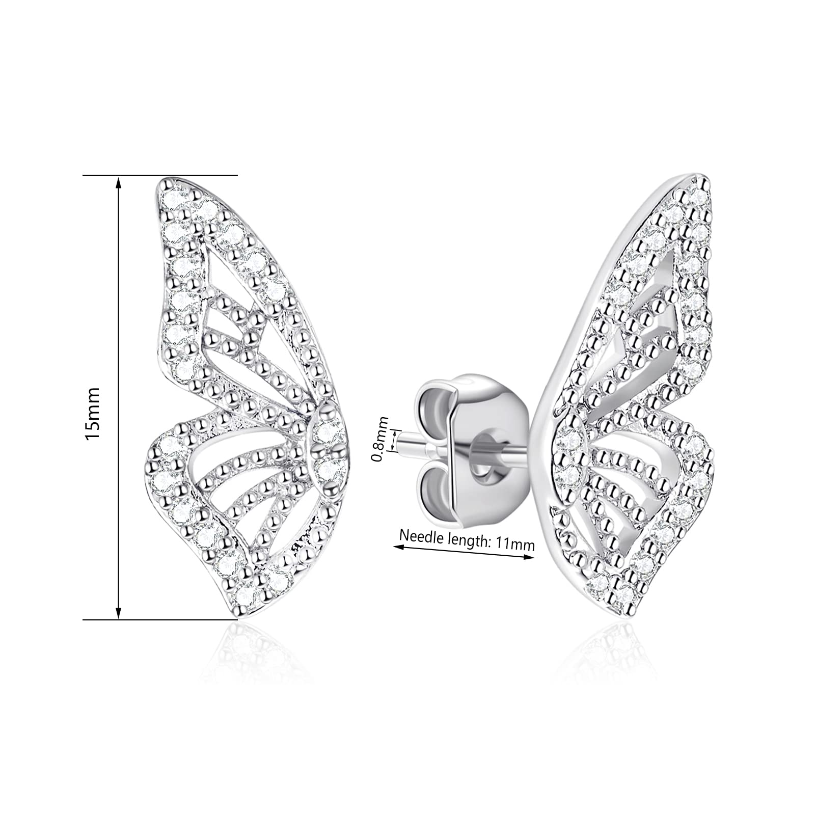 Luxval Silver CZ Butterfly Wing Earrings (A Pair), Sterling Silver,Brass Butterfly Studs, Half Butterfly Studs, Sparkly Butterfly Earrings, Tiny Cartilage Hypoallergenic Earring for women