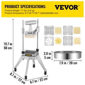 VEVOR Commercial Vegetable Fruit Chopper, Stainless Steel French Fry Cutter w/ 4 Blades 1/4" 3/8" 1/2", Vegetable Chopper Dicer w/Stainless Bowl, Heavy Duty Cutter for Potato Tomato Onion Mushroom