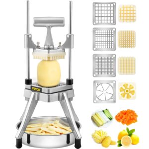 vevor commercial vegetable fruit chopper, stainless steel french fry cutter w/ 4 blades 1/4" 3/8" 1/2", vegetable chopper dicer w/stainless bowl, heavy duty cutter for potato tomato onion mushroom