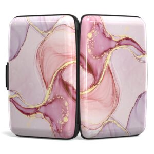 Atufsuat Credit Card Holder, Mini Aluminum Card Wallet RFID Blocking Slim Metal Hard Card Case for Women Men, Pink Marble