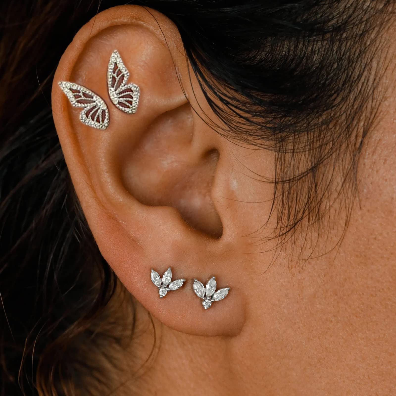 Luxval Silver CZ Butterfly Wing Earrings (A Pair), Sterling Silver,Brass Butterfly Studs, Half Butterfly Studs, Sparkly Butterfly Earrings, Tiny Cartilage Hypoallergenic Earring for women