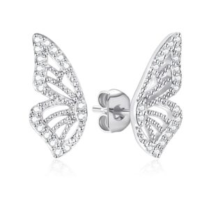 luxval silver cz butterfly wing earrings (a pair), sterling silver,brass butterfly studs, half butterfly studs, sparkly butterfly earrings, tiny cartilage hypoallergenic earring for women