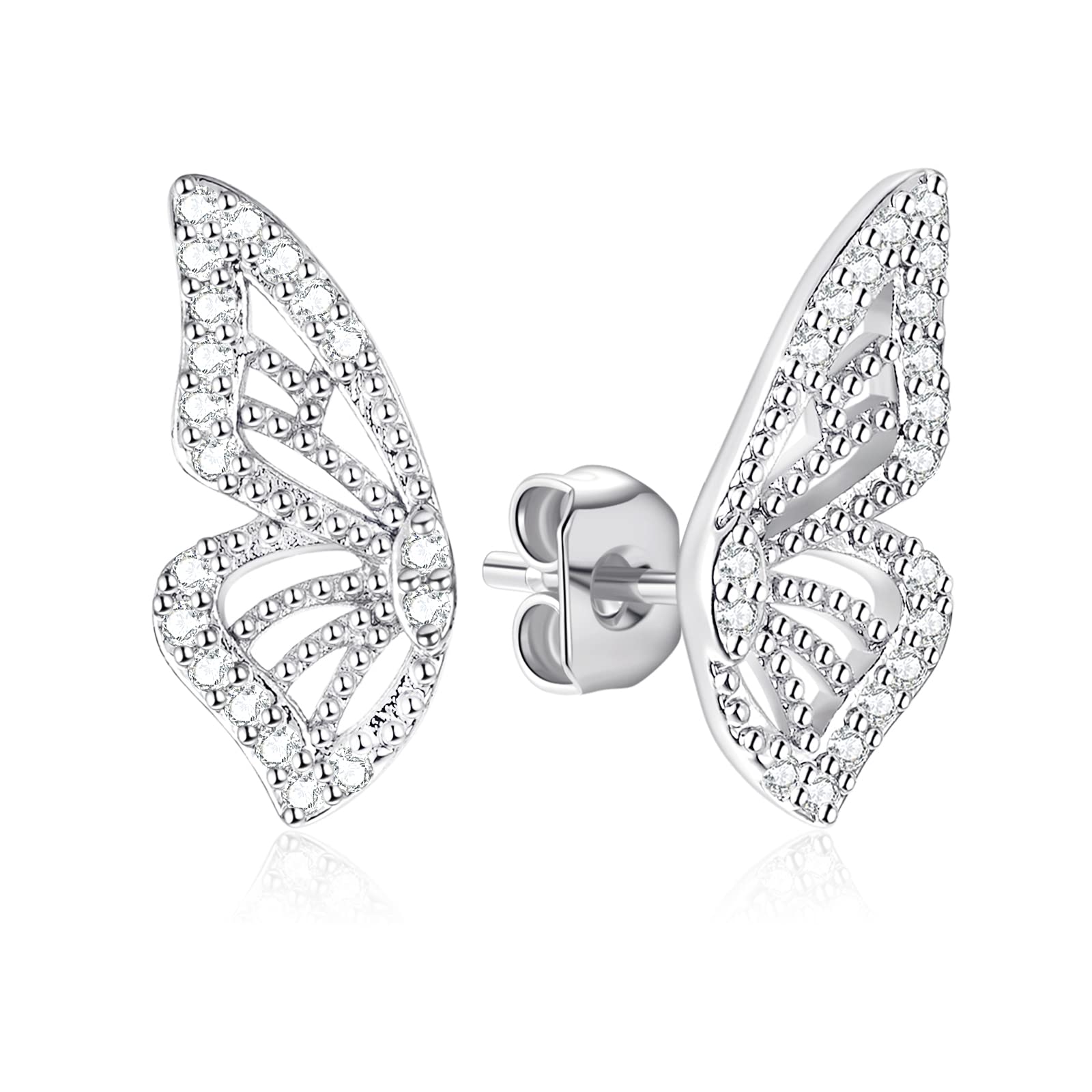 Luxval Silver CZ Butterfly Wing Earrings (A Pair), Sterling Silver,Brass Butterfly Studs, Half Butterfly Studs, Sparkly Butterfly Earrings, Tiny Cartilage Hypoallergenic Earring for women