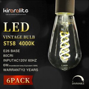 Kiraralite ST19(ST58) LED Edison Bulb, Vintage,6 Pack,Natural White 4000K, Antique Flexible Spiral LED Filament Light Bulb, Dimmable, 600LM, 6W Equivalent to 60W, E26 Base,Clear Glass