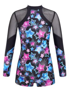 moggemol kids girls long sleeve mesh splice gymnastics leotards athletic ballet dance biketard short unitard black 12 years