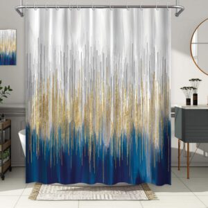 ouyisha blue and gray ombre shower curtain navy gold modern abstract shower curtains for bathroom contemporary oil painting striped fabric shower curtain set waterproof with hooks, 72" x 72"