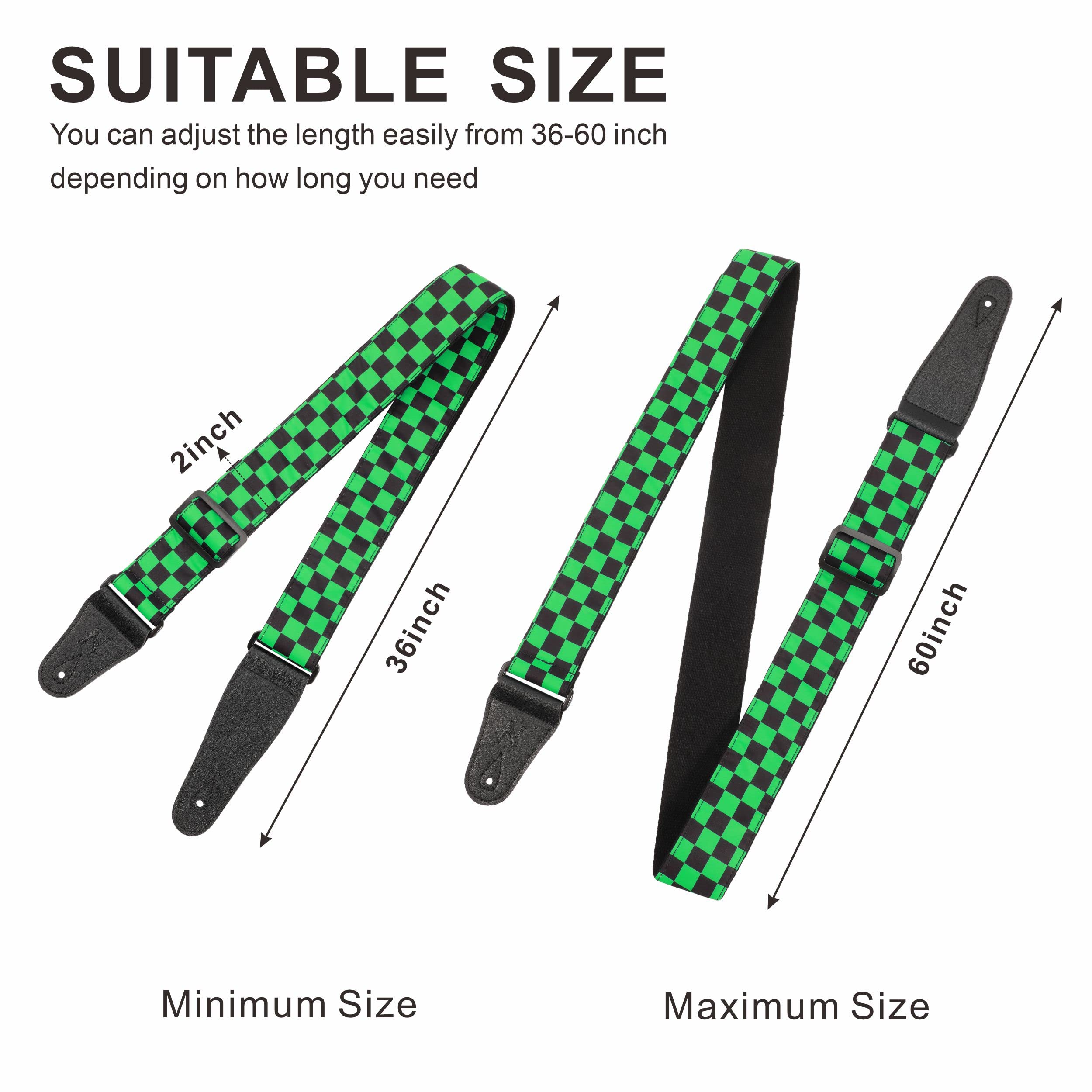 Nefelibata Guitar Strap,Personalised Cotton Double Layer Cotton Guitar Straps with Longer Leather Ends for Bass, Electric & Acoustic, Best Gifts for Kids, Men & Women Guitarists (Green Square)