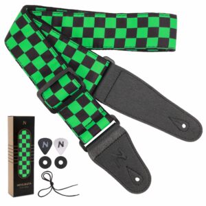 nefelibata guitar strap,personalised cotton double layer cotton guitar straps with longer leather ends for bass, electric & acoustic, best gifts for kids, men & women guitarists (green square)