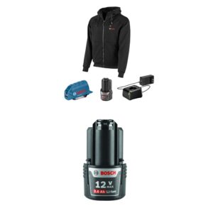 bosch ghh12v-20ln12 12v max heated hoodie kit with portable power adapter bat414 12-volt max lithium-ion 2.0ah high capacity battery, black