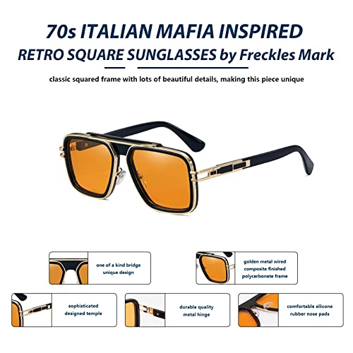 Freckles Mark Trendy Retro Sunglasses for Men Women Classic Stark Vintage Shades 70s Italian Fashion Square Metal Glasses (Yellow/Black, 56)