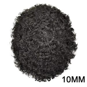 Curve Hair Afro Curl Mens Toupee Full Poly Skin Skin PU Injection Human Hair Replacement Systems African American THIN SKIN Man Weave Hair Unit 8X10inch (8"X10", 1Jet Black-10mm Wave Curl)