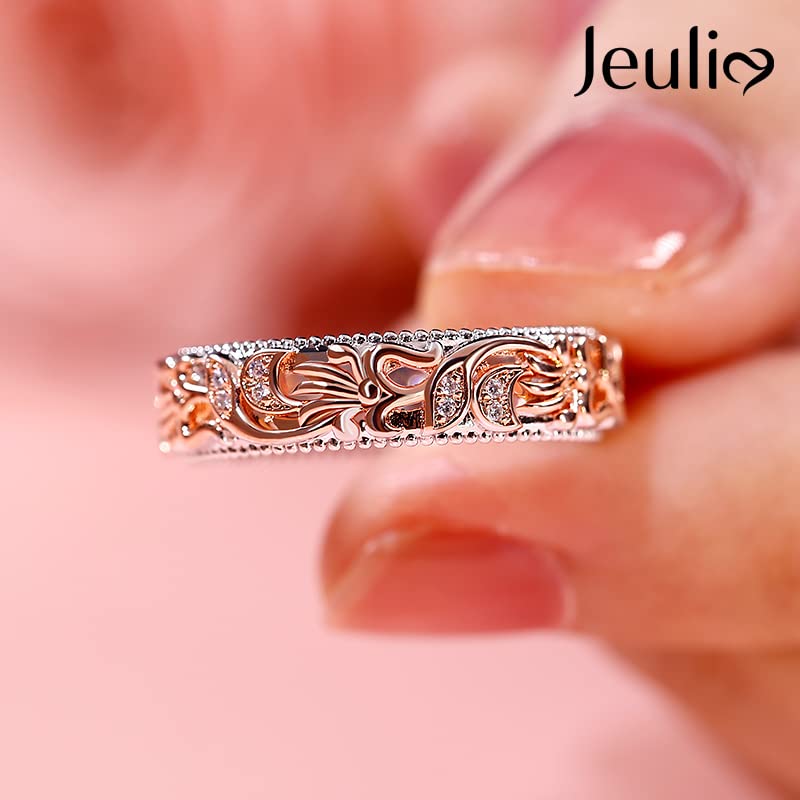 Jeulia Floral Ring Band Sterling Silver Two Tone Leaf Carved Vintage Unique Hollow Flower Rose Gold Jewelry Engagement Wedding Bridal Sets Stackable Anniversary Promise with Gift Box (Floral, 7)