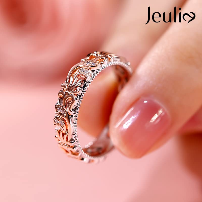 Jeulia Floral Ring Band Sterling Silver Two Tone Leaf Carved Vintage Unique Hollow Flower Rose Gold Jewelry Engagement Wedding Bridal Sets Stackable Anniversary Promise with Gift Box (Floral, 7)