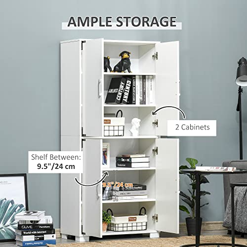 HOMCOM Industrial Kitchen Pantry Cabinet with 4 Doors and Storage Shelves, Freestanding Storage Cabinet, White