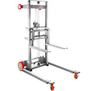 vevor manual winch stacker, 41.7"l x 25.8"w hand winch lift trucks w/ 8.7" – 106.3" height range, with 441 lbs capacity and adjustable straddle, material lifts for warehouse and factory