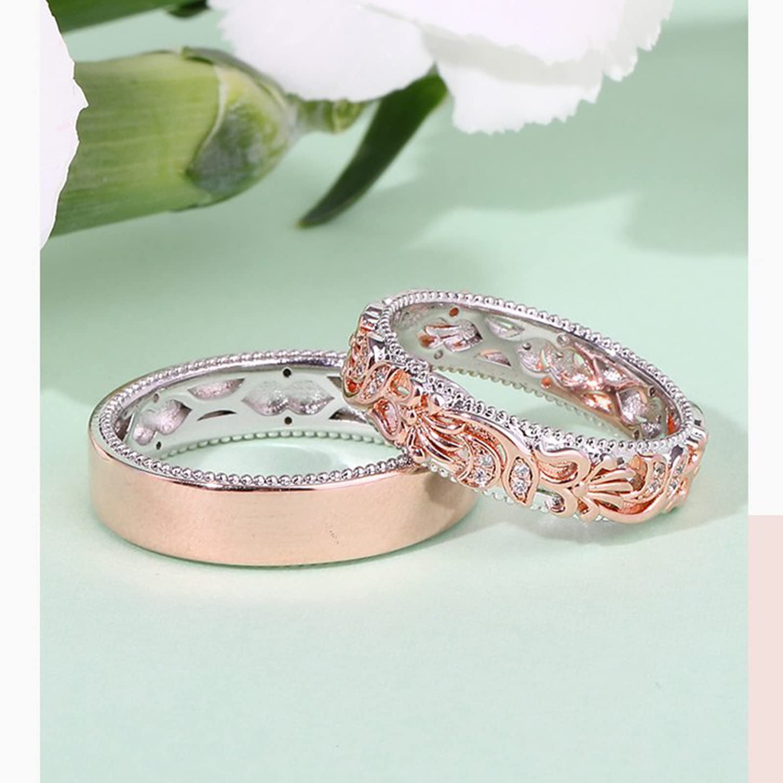 Jeulia Floral Ring Band Sterling Silver Two Tone Leaf Carved Vintage Unique Hollow Flower Rose Gold Jewelry Engagement Wedding Bridal Sets Stackable Anniversary Promise with Gift Box (Floral, 7)