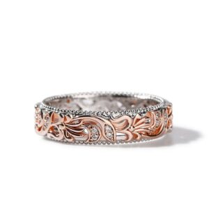 jeulia floral ring band sterling silver two tone leaf carved vintage unique hollow flower rose gold jewelry engagement wedding bridal sets stackable anniversary promise with gift box (floral, 10)