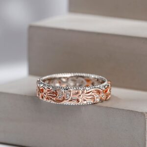 Jeulia Floral Ring Band Sterling Silver Two Tone Leaf Carved Vintage Unique Hollow Flower Rose Gold Jewelry Engagement Wedding Bridal Sets Stackable Anniversary Promise with Gift Box (Floral, 7)