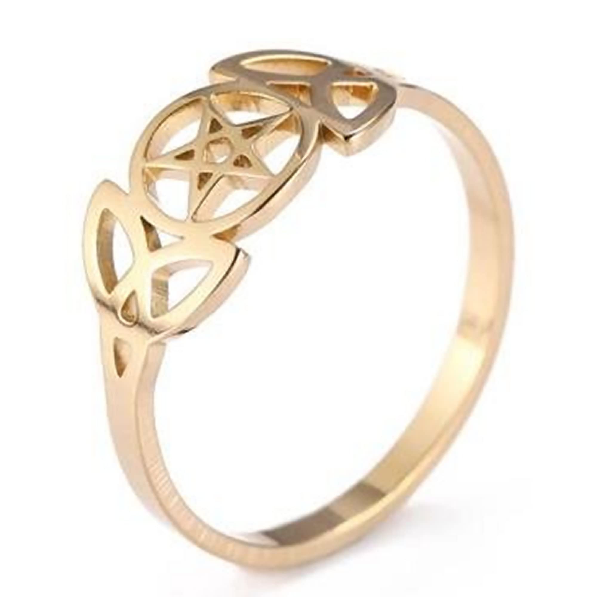 Fantasy Forge Jewelry Gold Triple Goddess Ring 316L Surgical Stainless Steel Pentacle Crescent Moon Trinity Band (10)