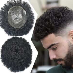 curve hair afro curl mens toupee full poly skin skin pu injection human hair replacement systems african american thin skin man weave hair unit 8x10inch (8"x10", 1jet black-10mm wave curl)