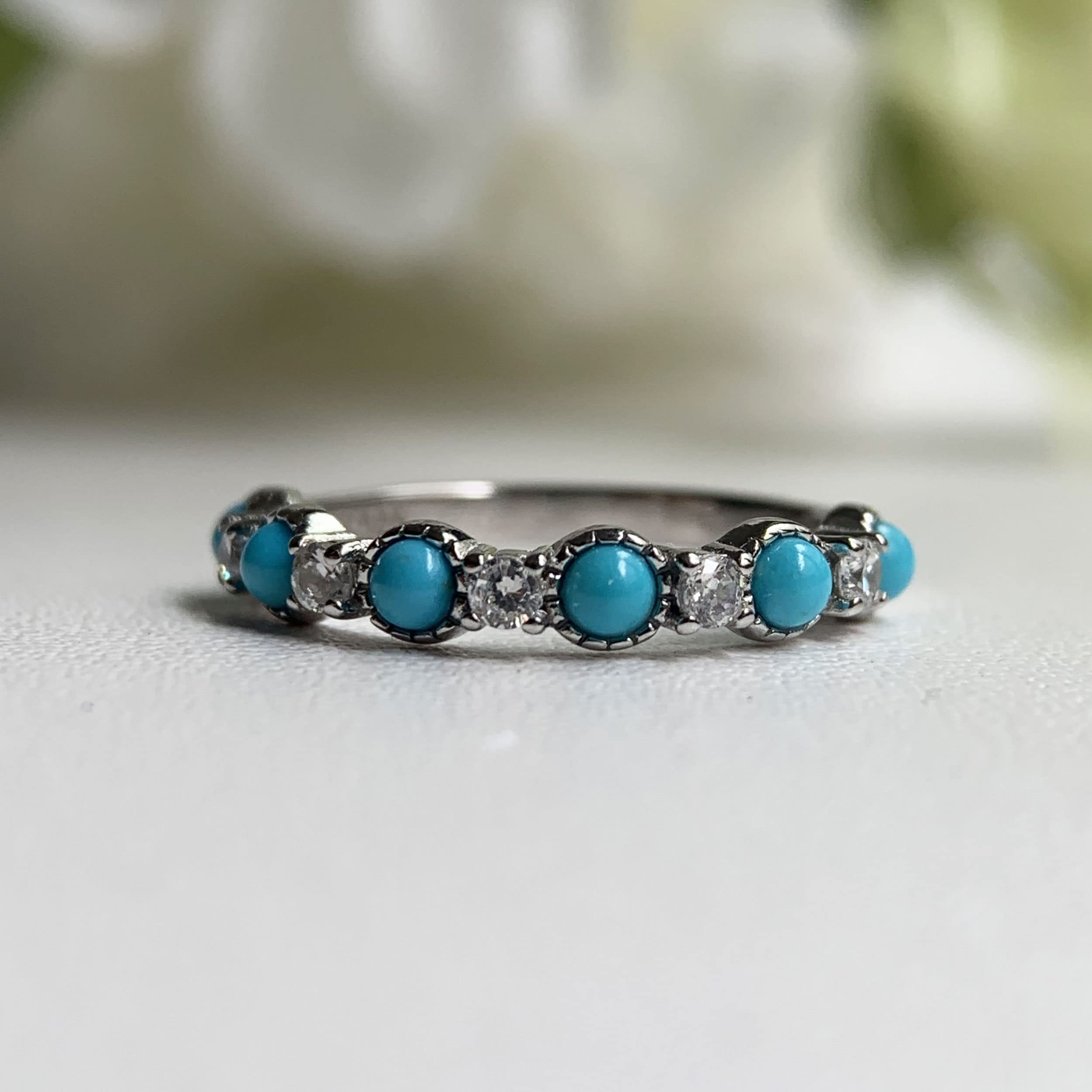 LUVJOO Turquoise Ring Sterling Silver CZ Half Eternity Wedding Band Stackable Blue Gemstone December Birthstone Rings Size 7, Blue,White,Silver