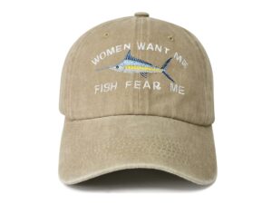 enodtter women want me fish fear me hat embroidered, khaki embroidery baseball caps for men, adjustable snapback trucker hat outdoor dad hats